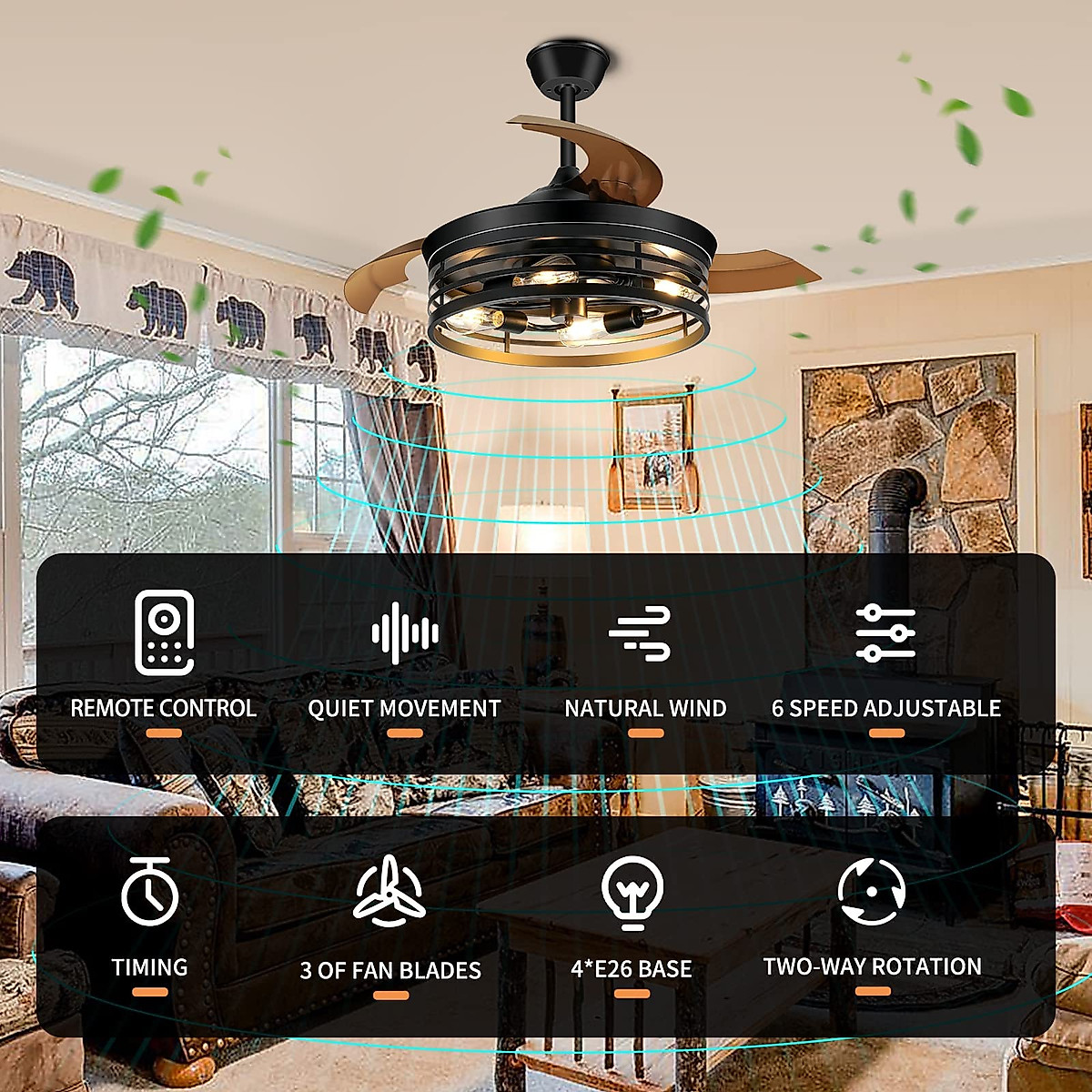 NEWORB 42Inch Retractable Ceiling Fans with Lights Remote Control Black Caged Ceiling Fans Farmhouse Vintage Industrial Ceiling Fan with Lights for Living Room Bedroom Kitchen Patio