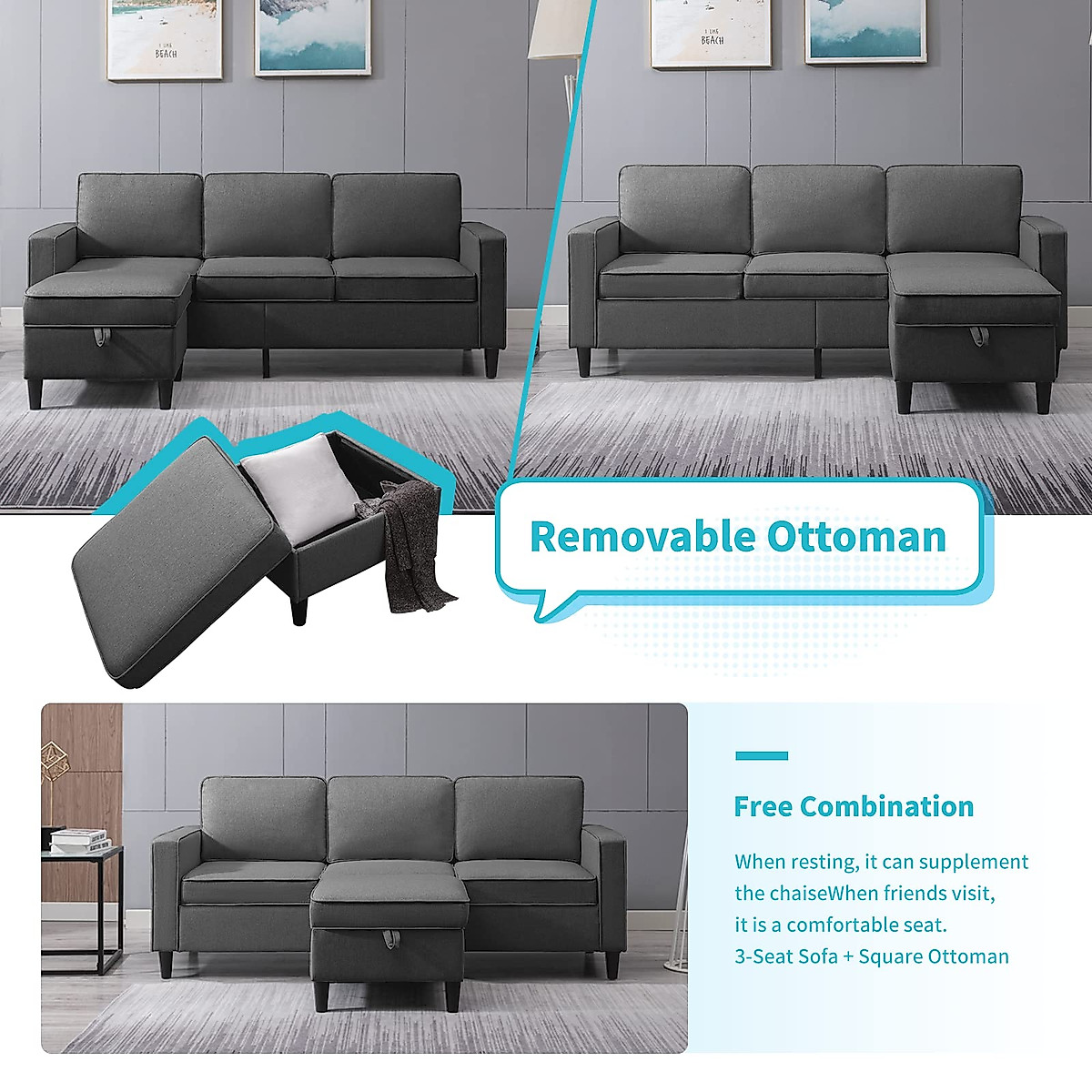 CECER Sectional Sofa, Convertible Couch, L-Shaped Couch with Storage Ottoman, Linen Fabric 3-seat Couches with Movable Ottoman, Chasie Lounge for Small Space-Apartment/Living Room (Dark Grey)