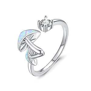 OHAYOO Mushroom Ring Adjustable S925 Sterling Silver Mushroom White Opal Open Ring Mushroom Ring Jewelry Gifts For Women Teen Girls