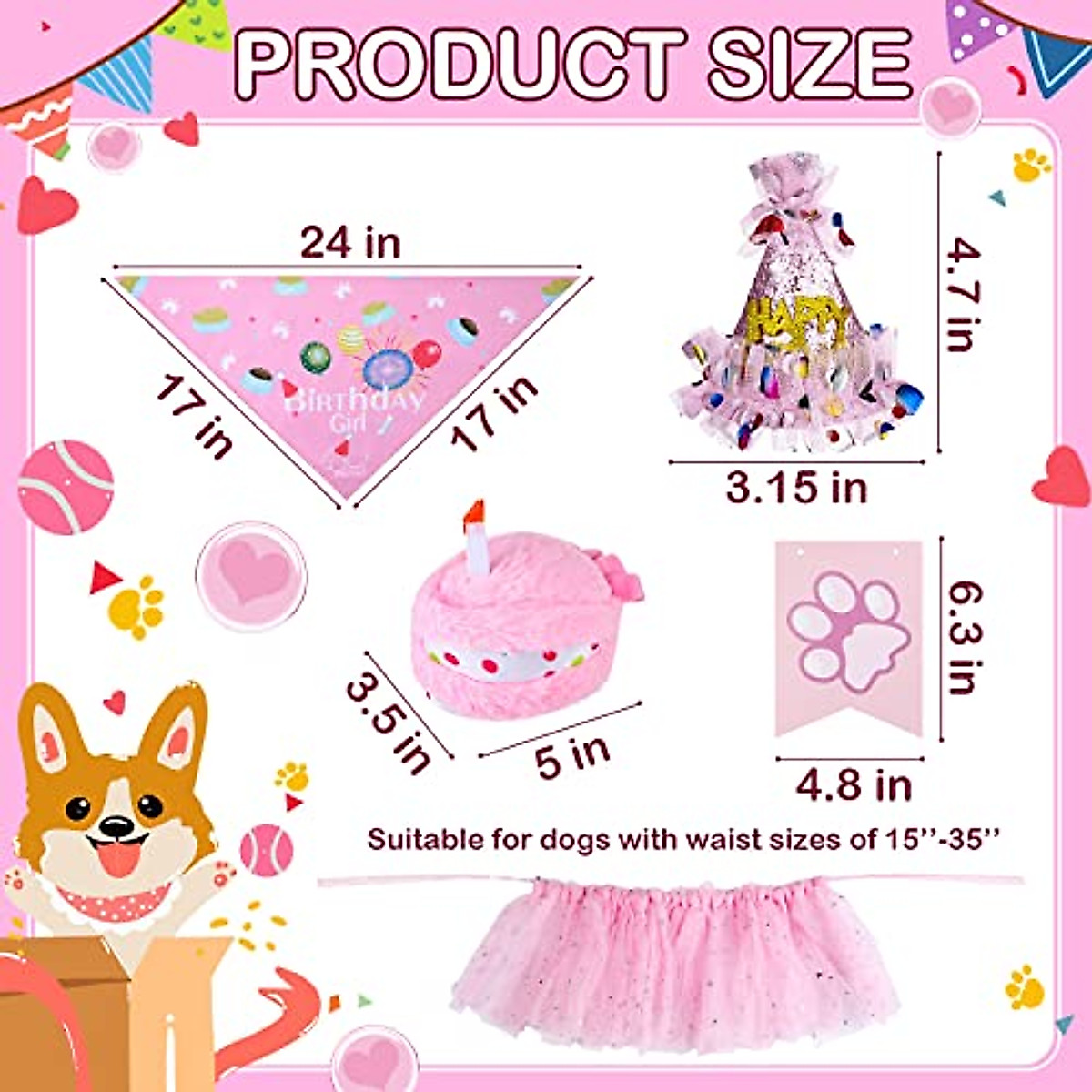 5 Pack Dog Birthday Party Supplies Pink Dog Birthday Set Included Dog Hat Bandana Happy Birthday Banner Dog Tutu and Birthday Cake Dog Party Decorations for Small Medium Large Dog Pet