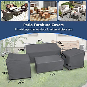 Outdoor Furniture Cover Waterproof, STARTWO 4 Piece Patio Furniture Covers Set, Heavy Duty Lawn Patio Covers for 1xSofa Cover, 2xChair Covers, 1xCoffee Table Cover with Windproof Buckle Strap, Grey