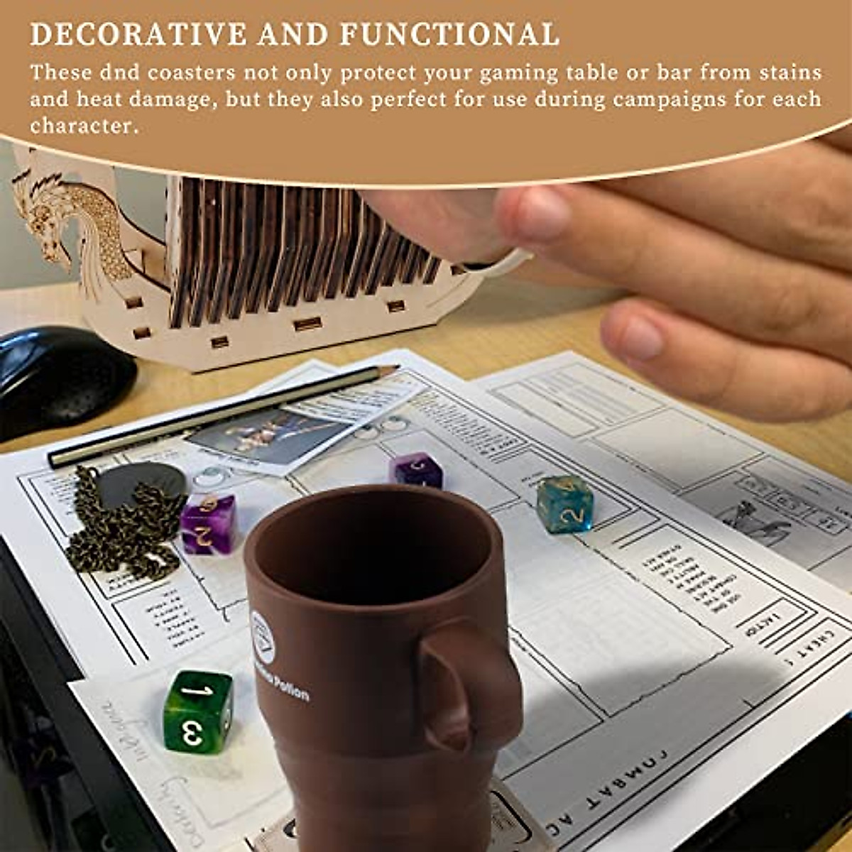 D&D Class Coasters Set of 14 with Holder Hexagon Gaming Mug Mats Wooden Laser Engraved DND Classes Icons Gift for Dungeons and Dragons Fans, Game Master