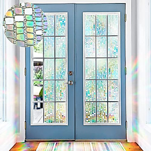 Windimiley Window Privacy Film Stained Glass Rainbow Clings: Window Tinting Film for Home Bathroom UV Blocking 3D Decorative Static Sticker Non Adhesive Vinyl Door Covering (17.5 x 78.7 Inch, Pure)