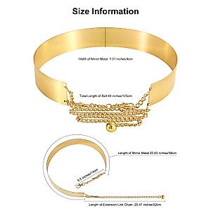 WHIPPY Women Gold Metal Belt Shiny Polished Adjustable Gold Metal Mirror Waist Belt, Gold,1.57" Width