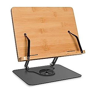 wishacc Book Stand for Reading, 360° Rotating Base & Page Clips, Adjustable Rotating Foldable Bamboo Reading Stand