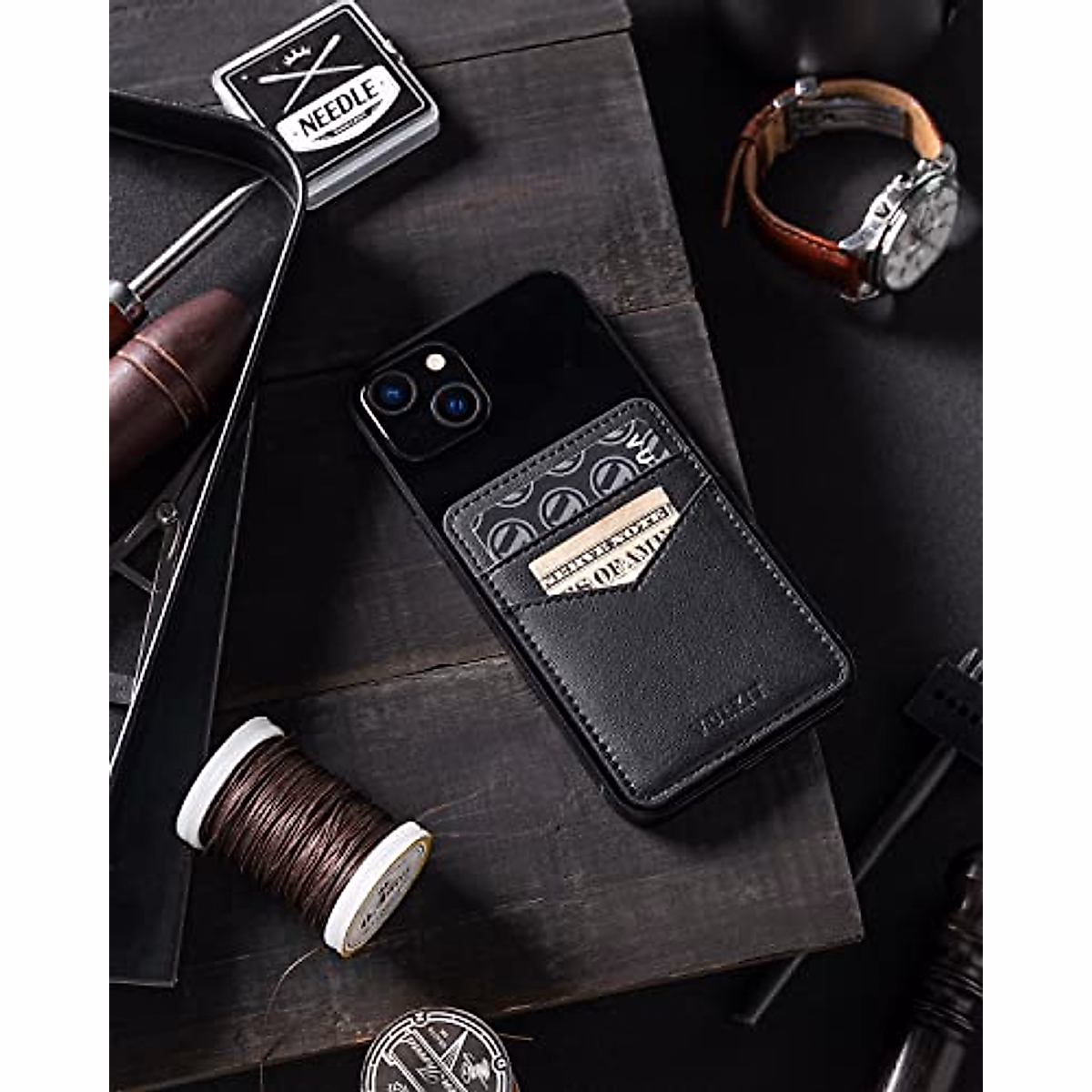 VULKIT Cell Phone Wallet, Card Holder for Back of Phone Leather Adhesive Pocket RFID Blocking Credit Card Sleeves Black