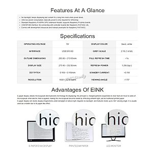 13.3inch e-Paper e-Ink Display HAT for Raspberry Pi Resolution 1600×1200 Black/White 16 Grey Scales USB/SPI / I80 Partial Refresh Support @XYGStudy