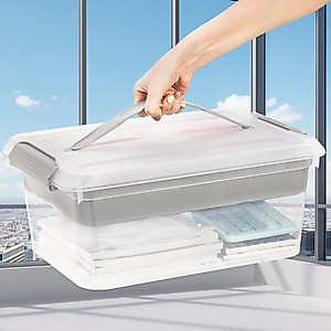 Yesland Stack & Carry Box with Removable Tray, 16 x 11 x 6.5 Inch Plastic Art Supply Storage Organizer Craft Storage Containers with Handle, Portable Organizer Bin for Stationery Sewing Jewelry, Grey