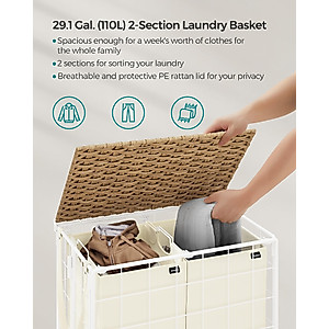 SONGMICS Laundry Hamper, 110L Laundry Basket with Lid, Clothes Hamper with Wheels, Collapsible Removable Liner Bag, Iron-Made Laundry Sorter, Natural Beige and Cream White ULCB211N01
