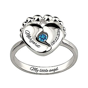 mozhiben Customize Baby Feet 1 Birthstone Ring for Birthday Memorial Gift for Mother Grandma Engraved Name Mom Ring Custom Rhinestone S925 Sterling Silver Women Rings