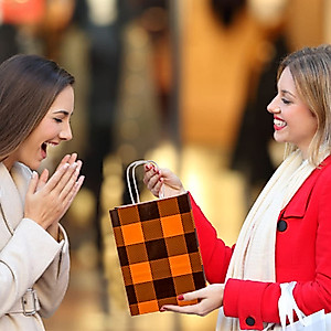 Whaline 20 Pieces Thanksgiving Fall Halloween Paper Bags Orange Black Buffalo Plaid Kraft Party Bags with Handle Party Favor Gift Bag Candy Treat Bag for Autumn Thanksgiving Halloween Wedding