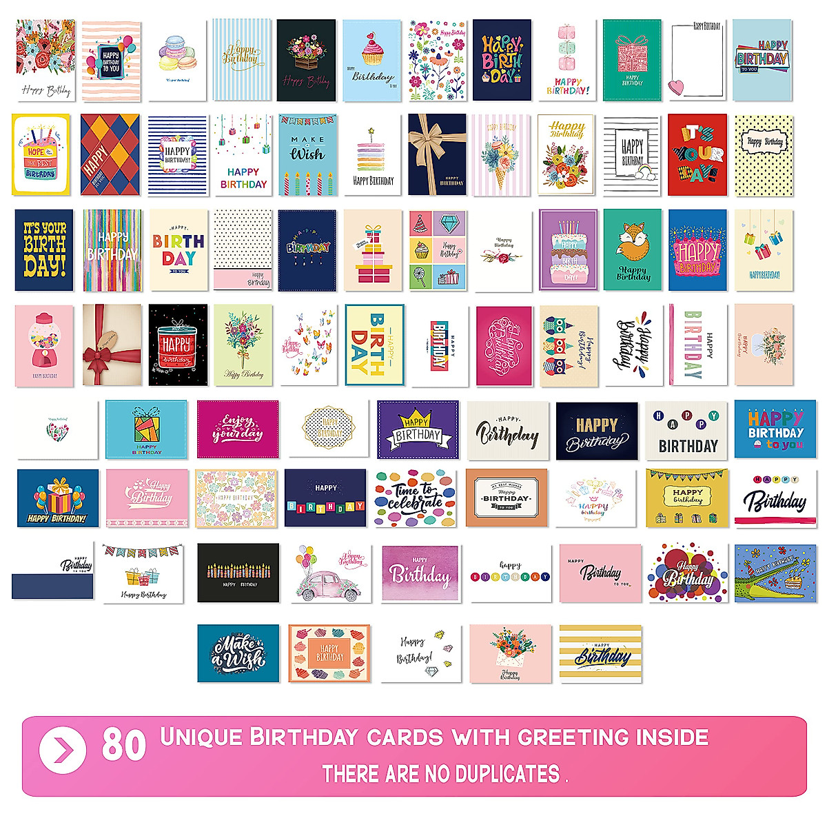 80 Unique Birthday Cards- Happy Birthday Cards Bulk With Greetings Inside – Assorted Birthday Cards With Envelopes and Stickers -Large Birthday Cards 5 x 7 inches- Birthday Cards Greeting Cards Bulk Box Set
