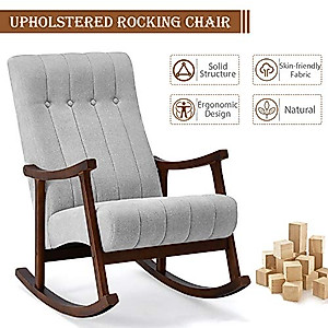 AVAWING Upholstered Rocking Chair with Fabric Padded Seat,Comfortable Rocker Solid Wood for Living Room,Modern High Back Armchair,Adult Single Sofa,Old Man Chair (Grey)