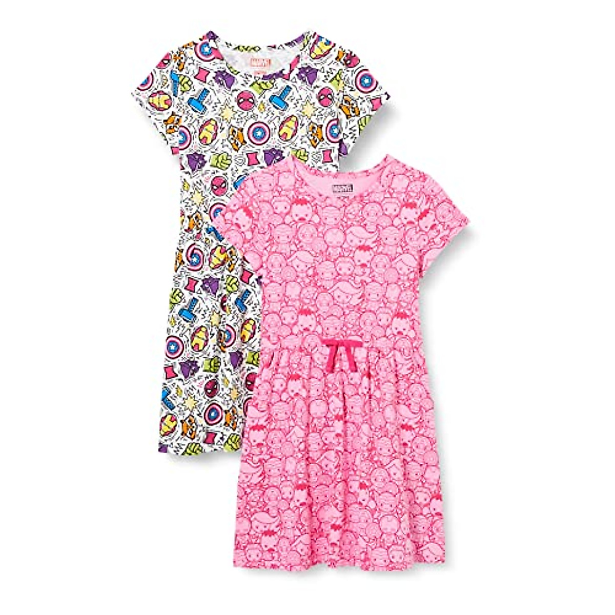 Amazon Essentials Disney Star Wars | Frozen | Princess Girls' Knit Short-Sleeve Cinch-Waist Dresses (Previously Spotted Zebra), Pack of 2, Pink Marvel, Small