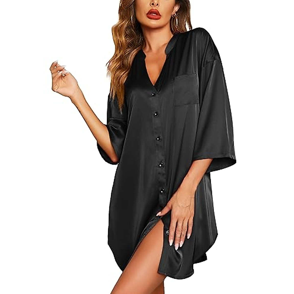 Ekouaer Satin Nightgown for Women Silk Pajamas Button Down Night Shirts Sleepwear Lingerie Nightwear