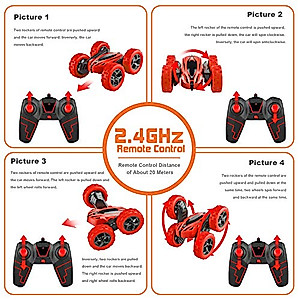 ORRENTE RC Stunt Car Toy , Offroad Remote Control Monster Trucks 4WD 2.4Ghz Rock Crawler with Headlights, Double Sided 360° Flips Toys Gift for Kids Boys Girls (Red)