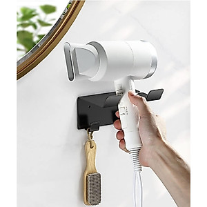 Hair Dryer Holder,Stainless Steel Self Adhesive Blow Dryer Holder,Wall Mounted with 2 Hooks for The Bathroom（Black）