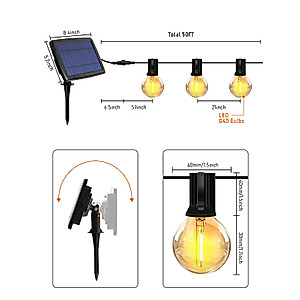 Solar String Light Outdoor Lijun 50FT S14 LED Patio Lights Waterproof Shatterproof 4 Light Mode Solar Powered with 17 Plastic Hanging E26 LED Bulbs for Porch, Pergola, Backyard, Garden, Party, Wedding