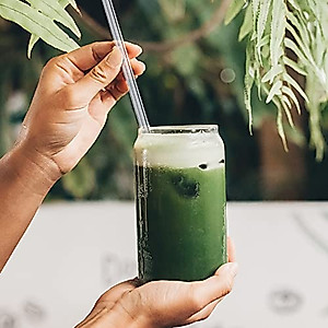 BESTBEL 4 Pack Drinking Glasses with Bamboo Lids and Glass Straws,20 OZ Can Shaped Glass Cups,Beer Can Glass,Ice Coffee Cups,Smoothie Cups,Glass Tumblers,Boba Cups,Soda Can Glass with Lids and Straws