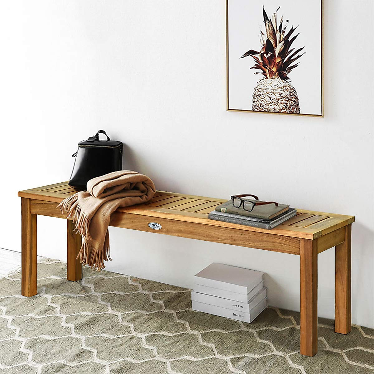 Tangkula 52 Inches Acacia Wood Outdoor Bench, Wood Bench for Dining Room Entryway Poolside Garden, Patio Backless Dining Bench with Slatted Seat, Ideal for Outdoors & Indoors