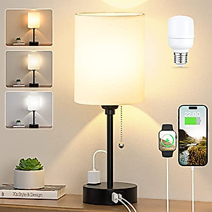 Small Bedroom Lamps 3 Color Temperatures - 2700K 3500K 5000K Bedside Lamps with USB C and A Ports, Pull Chain Table Lamps with AC Outlet, White Nightstand Lamps with Black Metal Base for Kids Reading
