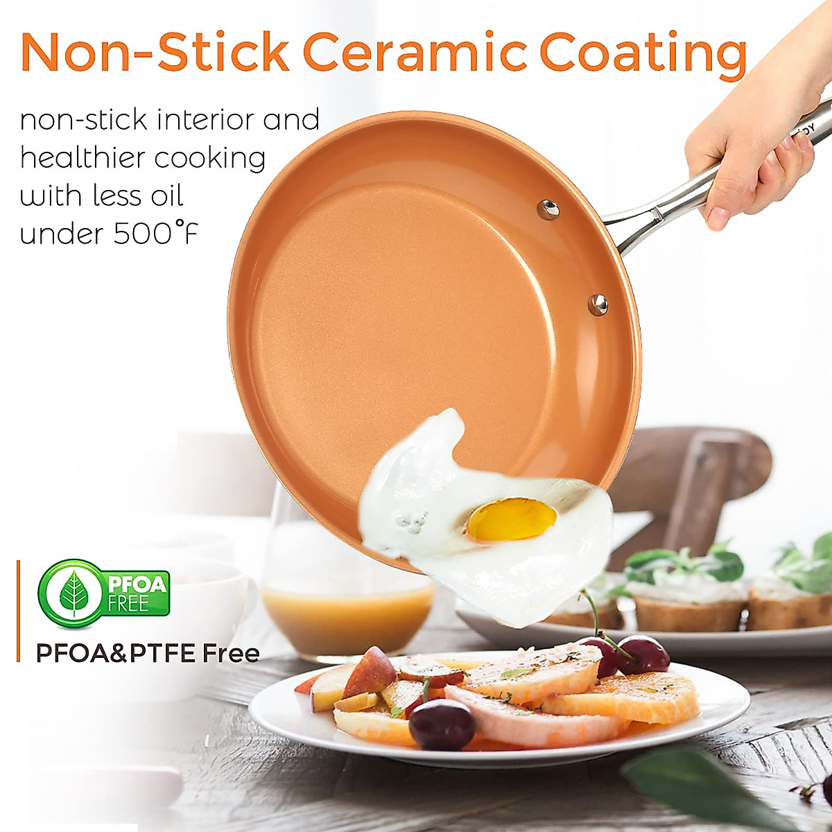 TUMIDY 8 Inch Frying Pan Nonstick Skillet with Ceramic Coating Oven Safe Stainless Steel Induction Fry Pan Include Silicone Spatula