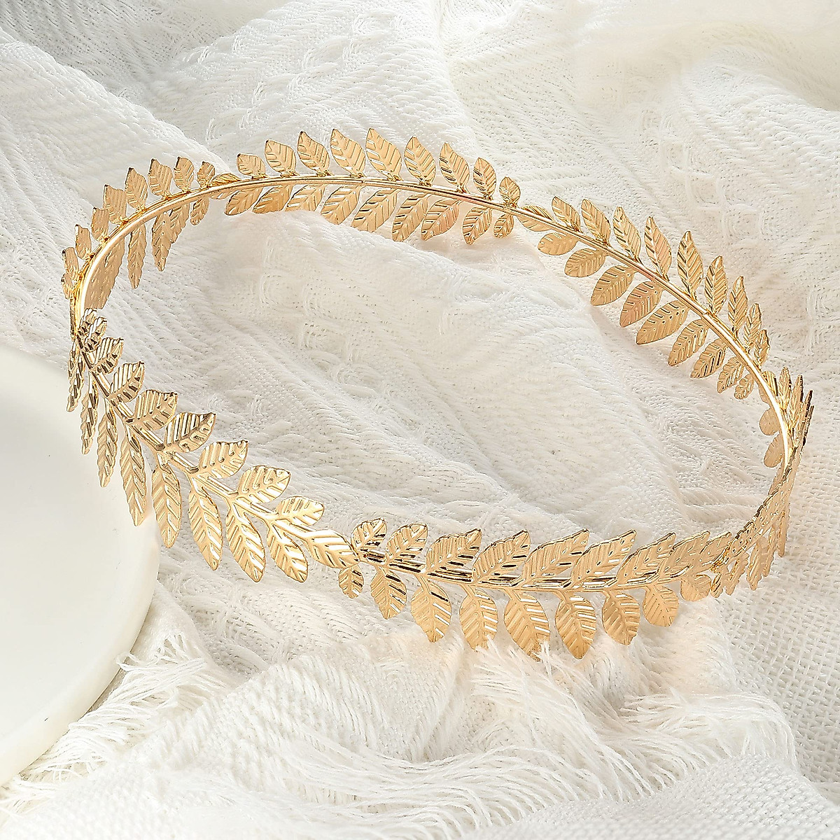 SAILIMUE 5 Pcs Greek Goddess Costume Accessories Set for Women Golden Laurel Leaf Crown Headband Armband Coil Bracelet Leaf Dangle Earring Bridal Wedding Headpiece Toga Party