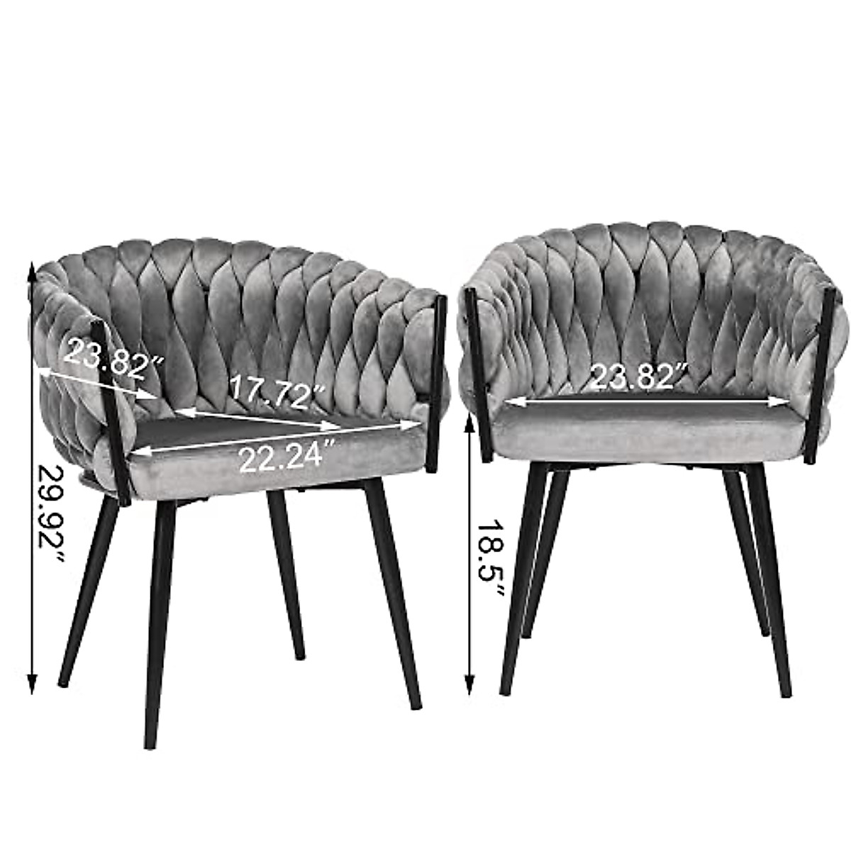 Homebeez Velvet Upholstered Dining Chairs Modern Accent Chairs,Hand-Woven Side Chairs with Black Metal Legs Set of 2, for Dining Room, Living Room, Kitchen,Gray