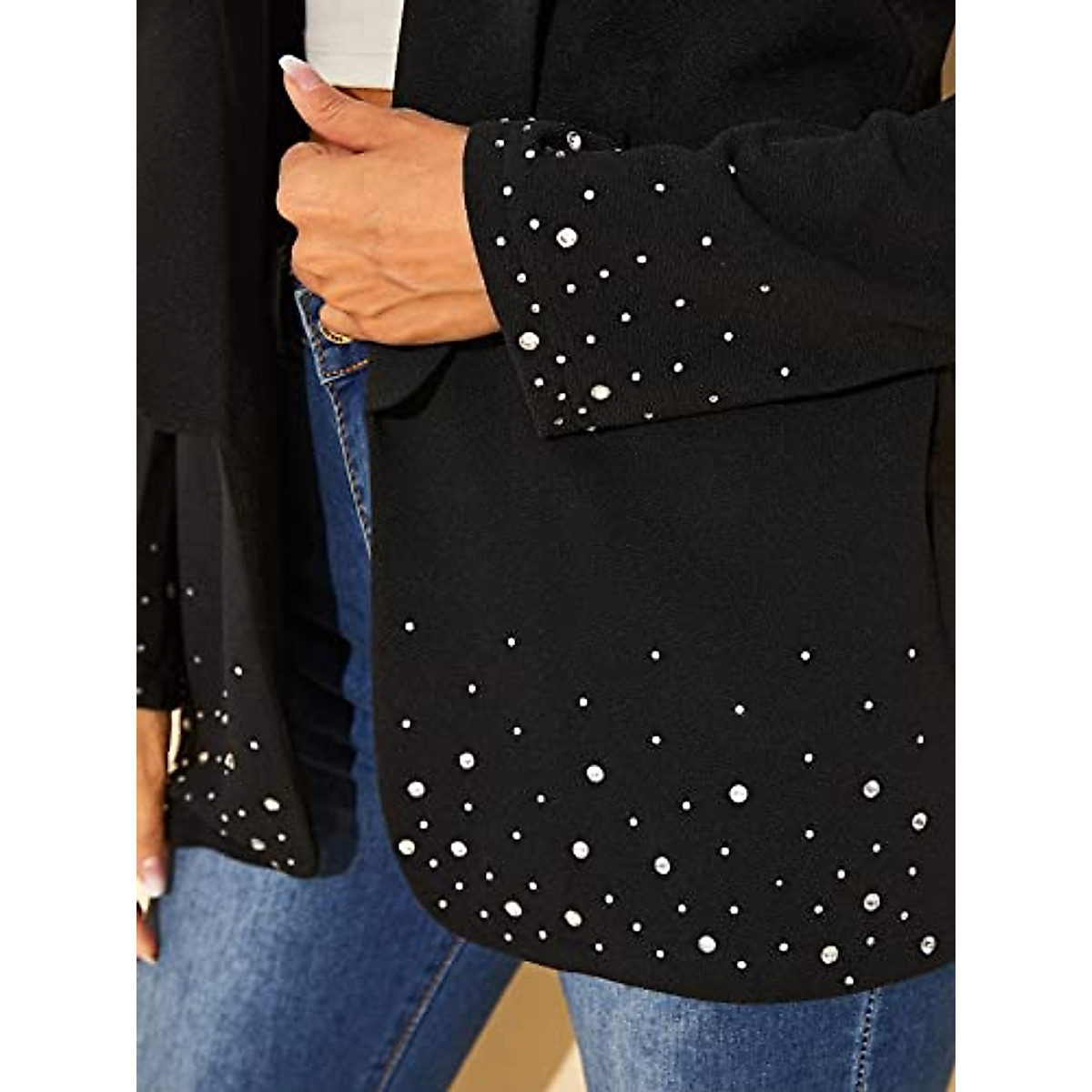 WDIRARA Women's Elegant Long Sleeve Blazer Open Front Rhinestone Suit Jackets Black M