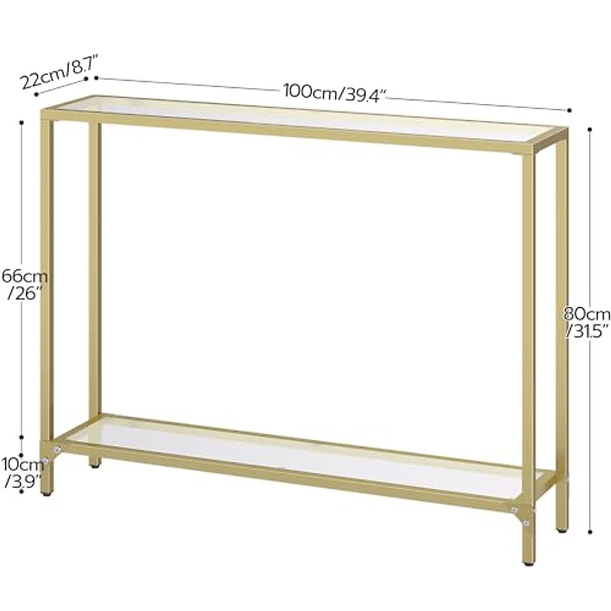 HOOBRO 39.4" Gold Console Table, Tempered Glass Sofa Table, Narrow Entryway Table, Metal Frame, Modern Style, Hallway, Living Room, GD04XG01