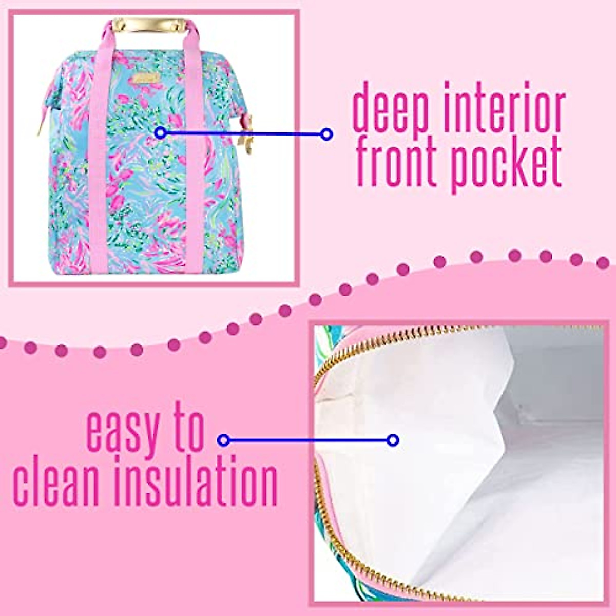 Lilly Pulitzer Insulted Backpack Cooler Large Capacity, Pink/Blue Portable Soft Cooler Bag for Picnics, Beach, Pool, Hiking, Best Fishes