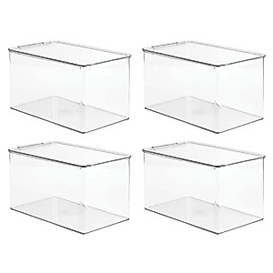 mDesign Stackable Plastic Bathroom Storage Box with Hinge Lid - Container for Organizing Soap, Body Wash, Shampoo, Conditioner, Hand Towels, Hair Accessories, Lumiere Collection, 4 Pack - Clear