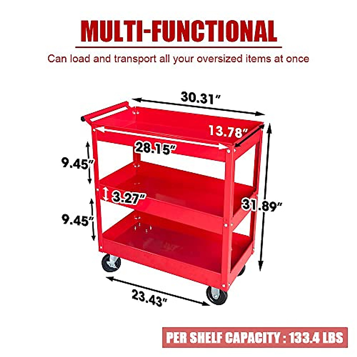 HPDMC 400 LBs Capacity 3 Shelf Steel Service Utility Cart/Steel Tool Service Push Cart, Red