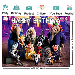 Happy Birthday Sing 2 Backdrop for Birthday Party Supplies 5x3ft Cartoon Banner for Party Decorations