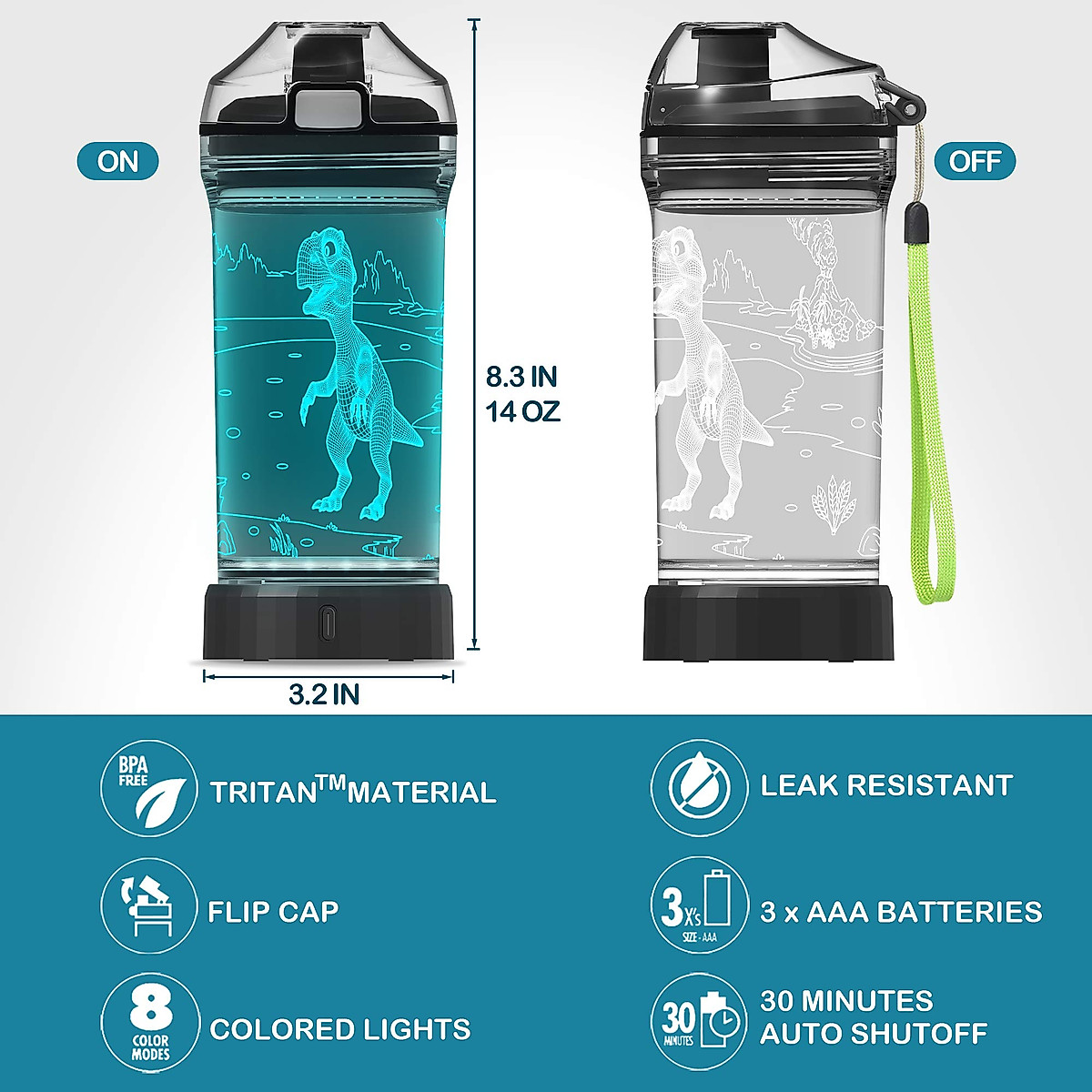 YuanDian Dinosaur Gifts, Light Up Boy Water Bottle with 3D Dino T Rex Design- 14 OZ Tritan BPA Free Eco-Friendly - Cool Drinking Cups Gift for School Kids Boy Girl Child Dinosauria Lovers