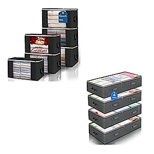 6 Pack 90L Clothes Storage & 4 Pack Underbed Storage Bags, Clothes Storage Bins Foldable Closet Organizers with Durable Handles with Clear Window for Clothes Pillow Blankets Bedding