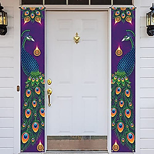 Happy Diwali Porch Banner Indian Diwali Peacock Front Porch Welcome Sign Deepawali Indian Festival of Lights Decorations-12×71''