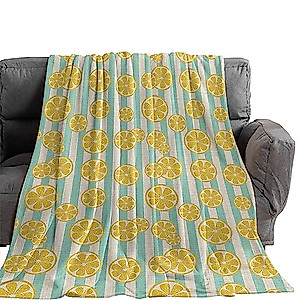 Throw Blanket- Yellow Lemons Soft Warm Plush Fleece Bed Throw,50x60In Flannel Blankets Summer Fruits Retro Linen Burlap Bedding Throws for Women/Men Bedroom Living Room Office Decor Teal Stripe