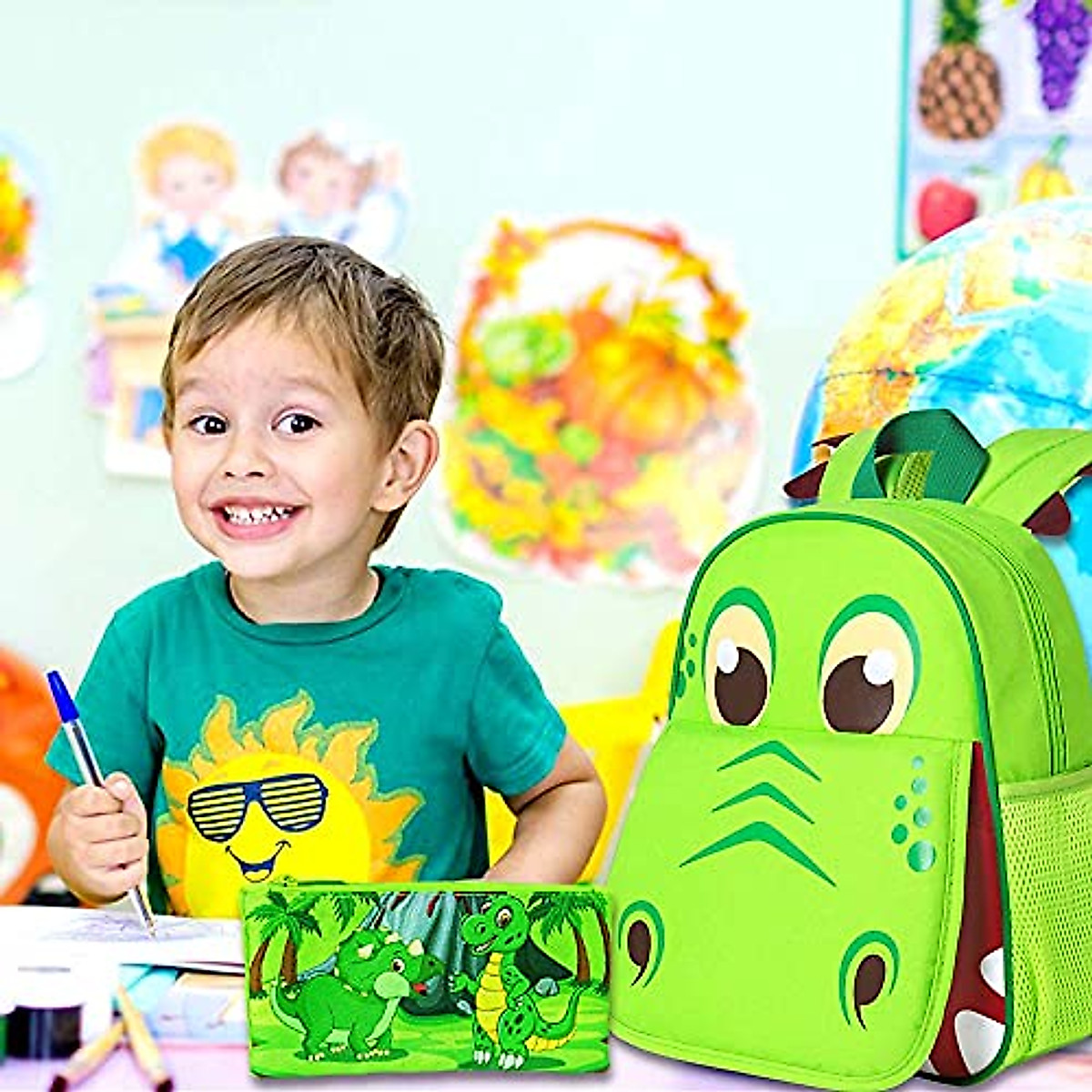 3PCS Toddler Backpack and Lunch Box for Boys, 12" Dinosaur Preschool Kids Bookbag, Cute Animal Kindergarten Schoolbag