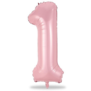 Pastel Pink 1 Balloons, 40 Inch Giant Light Pink Helium Foil Number 0-9 for Girls, Self Inflating 1st Birthday Balloon for Women Anniversary Baby Shower Princess Party Decorations Supplies