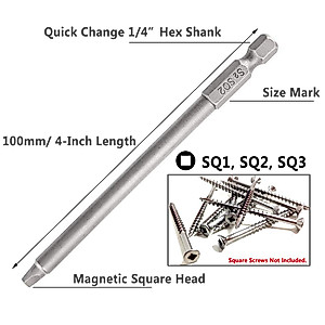 Yakamoz 3 Set of 3Pcs 1/4-Inch Shank 4-Inch Length Long Magnetic Square Head Screwdriver Bits Set Power Tools SQ1 SQ2 SQ3