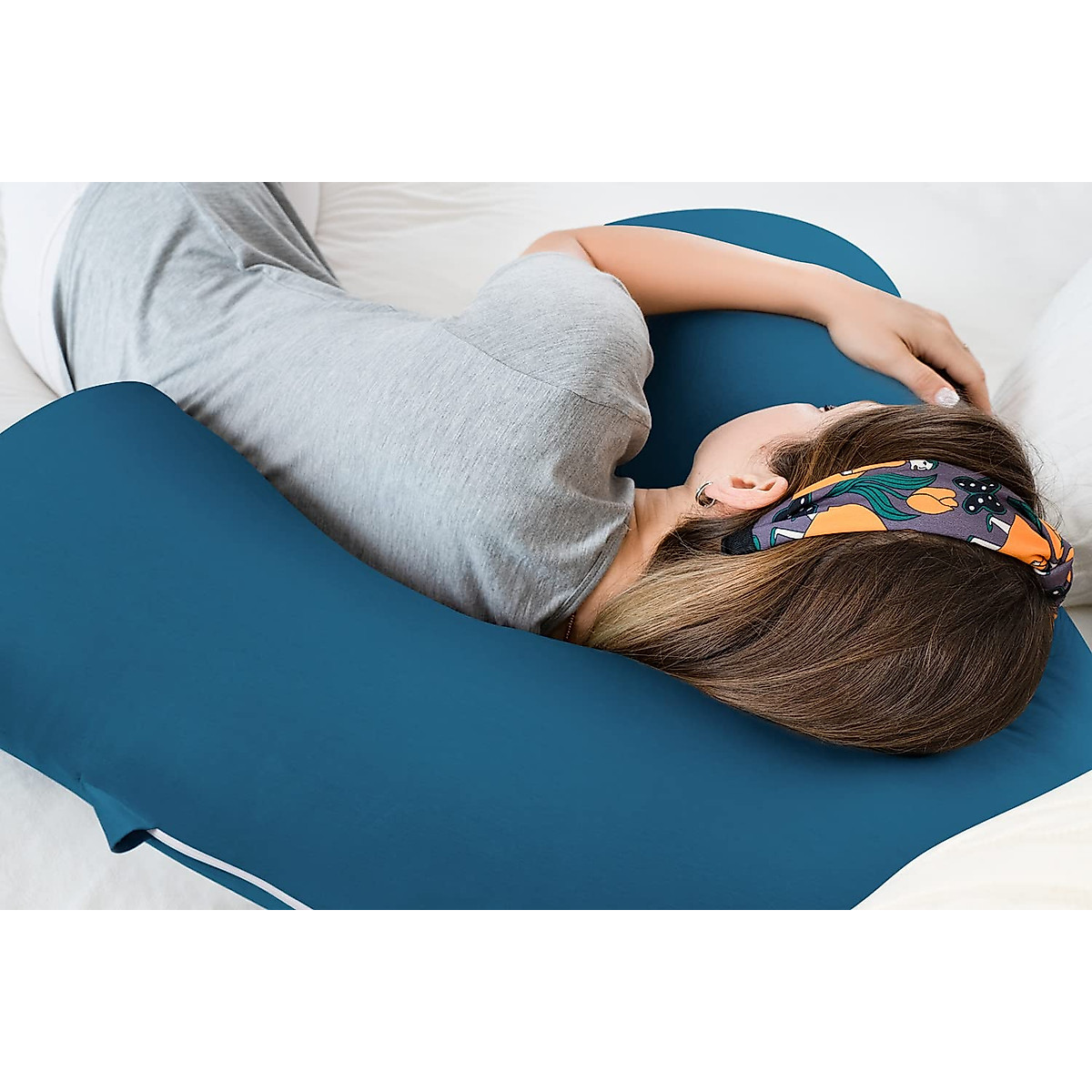 INSEN Pregnancy Pillows, L Shaped Full Body Maternity Pillow with Removable Cover, 57 Inch Pregnancy Pillows for Sleeping, Blue Jersey Cotton