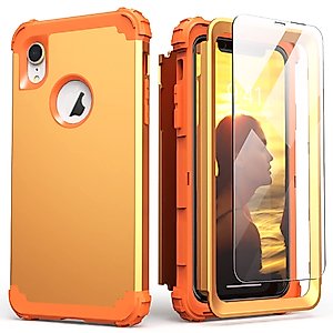 IDweel for iPhone XR Case, Case for iPhone XR Case with Screen Protector,3 in 1 Shockproof Slim Fit Hybrid Heavy Duty Hard PC Cover Soft Silicone Bumper Full Body Case,Sundial Yellow/Orange