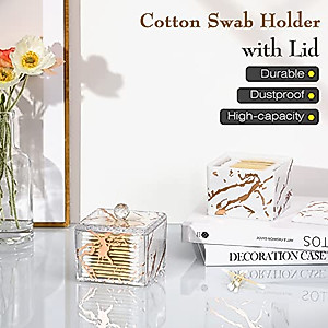 Luxspire Cotton Swab Holder Storage Box with Lid, Q-Tip Holder Cotton Ball Canister Jar Cotton Bud Round Dispenser Box, Cosmetic Vanity Organizer Bathroom Accessories Canisters, Clear + Gold Marble