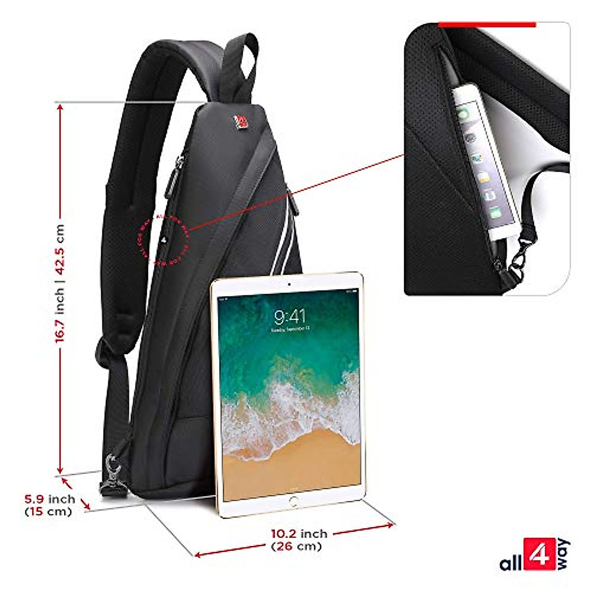 all4way Sling Backpack Tablet - Swiss Design with fast USB Charging - RFID Anti Theft Travel Biking Bag (10.2, Black)