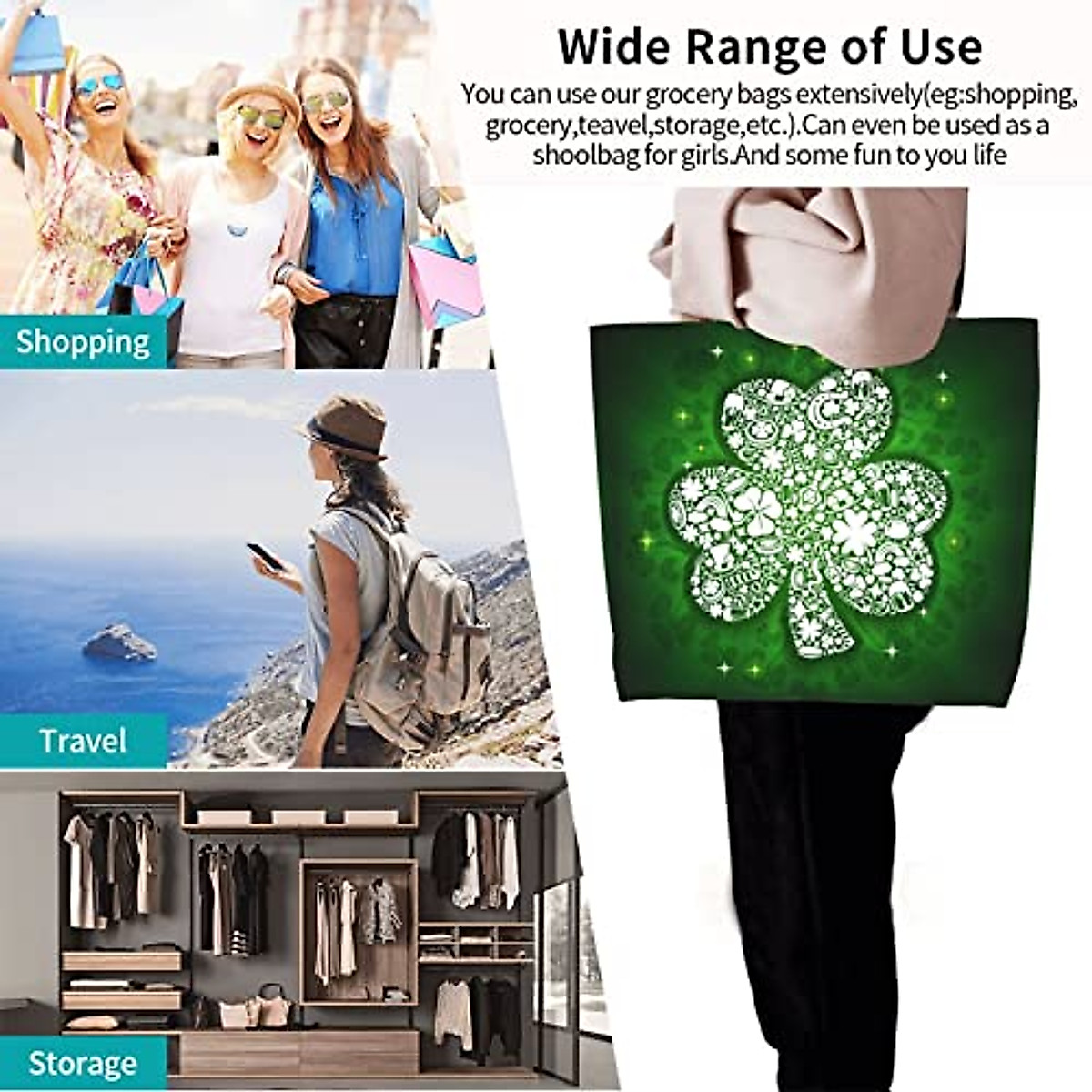 Gelxicu Green Clover Shoulder Tote Bags St Patrick Casual Bag Cute Shoulder Handbags Shopping Bags