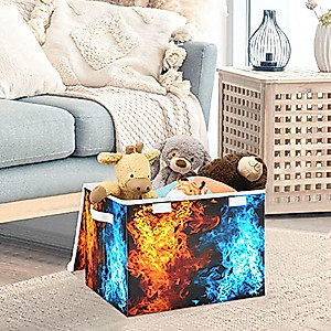 Kigai Red and Blue Fire Storage Basket with Lid Collapsible Storage Bin Fabric Box Closet Organizer for Home Bedroom Office 1 Pack