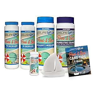 LeisureQuip Pool & Spa Chlorine & Balancer Chemical Startup Bundle with Test Strips, Scum Absorber, & Ebook for Pools & Hot Tubs