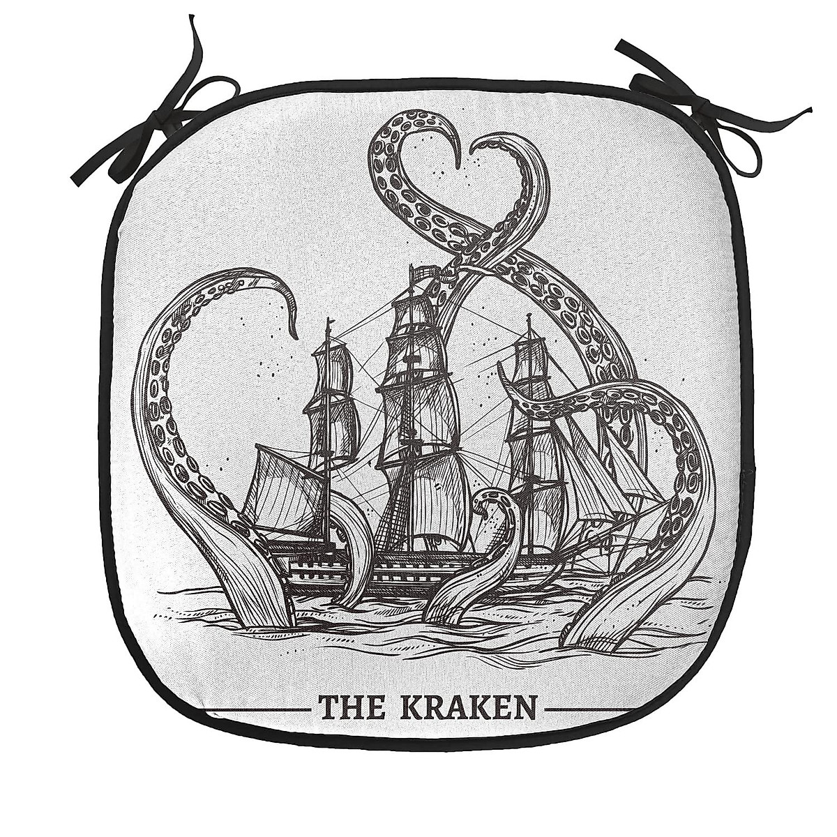 Lunarable Nautical Chair Cushion Pads Set of 2, Octopus Catches Old Sail Ship Monster Adventure Story Themed Art, Anti-Slip Seat Padding for Kitchen & Patio, 16"x16", Charcoal Grey White