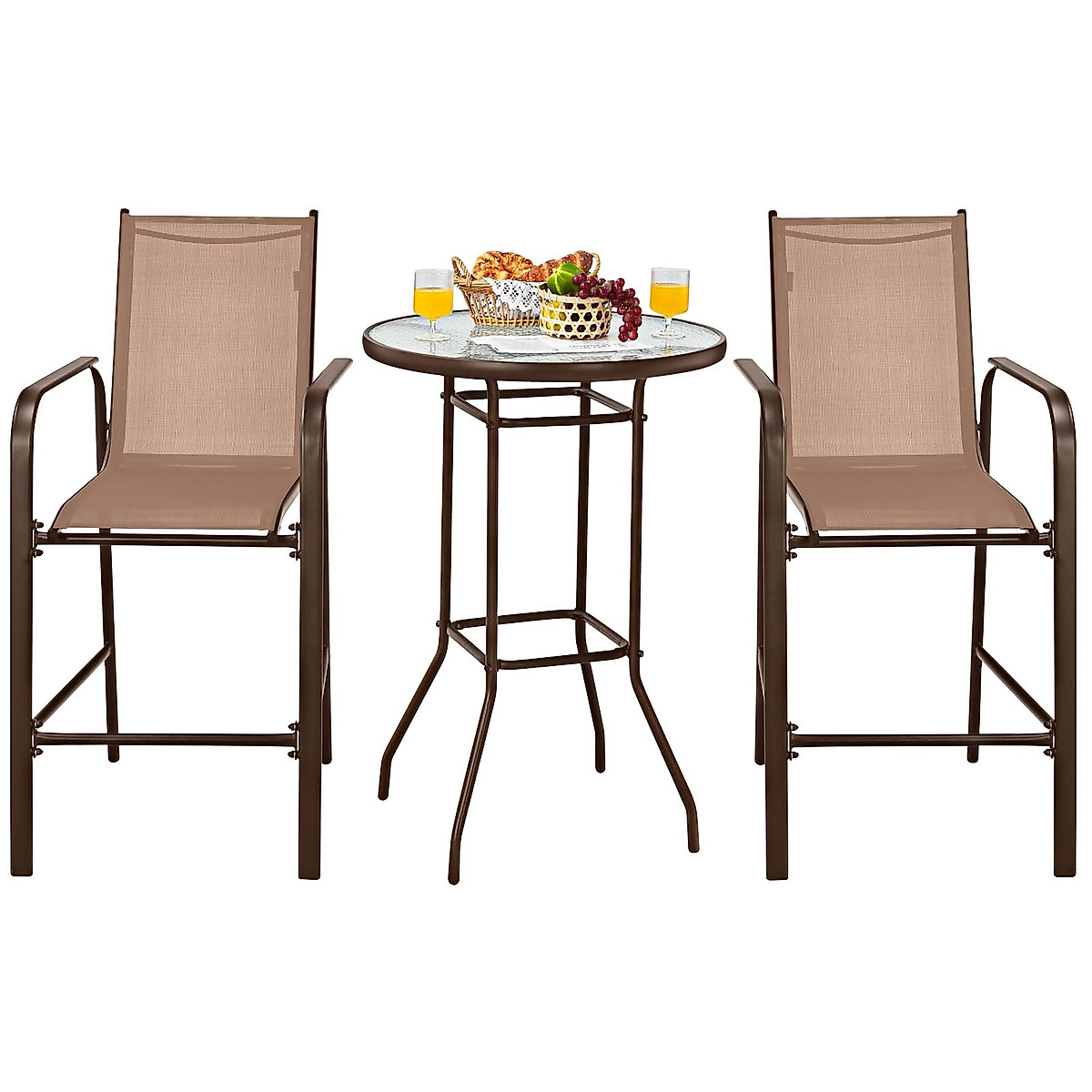 Tangkula 3 Pieces Outdoor Patio Bar Set, Outdoor Bistro Set with 2 Bar Stools and 1 Tempered Glass Bar Table, Bar Height Patio Table and Stools Set for Backyard, Garden, Lawn (Coffee)